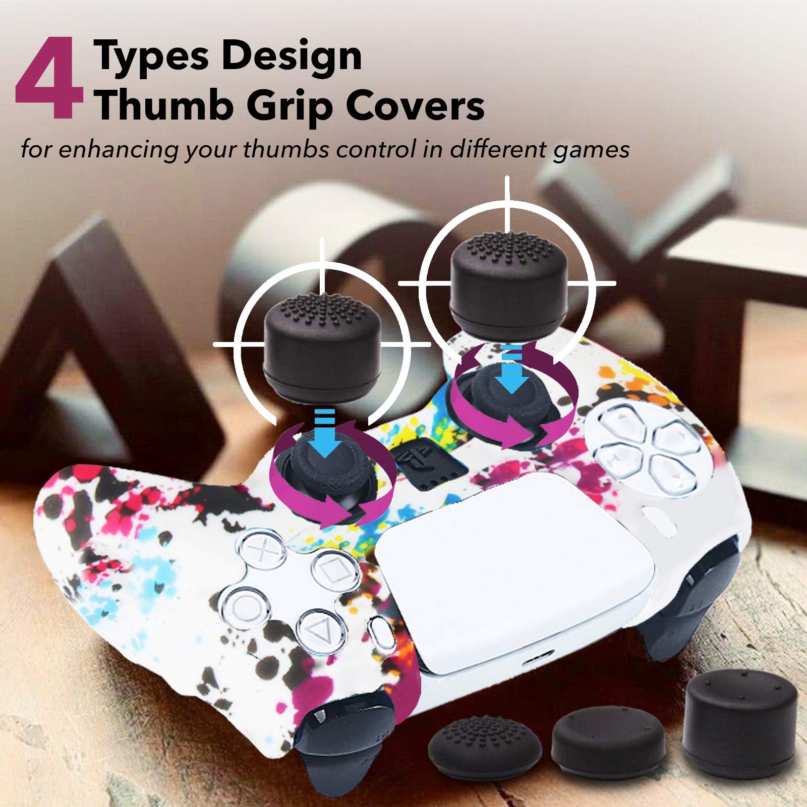 PS5 Controller Skin,Non Slip Comfort Silicone Skin Cover Protector Case for Playstation 5 DualSense Controller(Controller Skin case x 2 + FPS PRO Thumb Grips x 8)