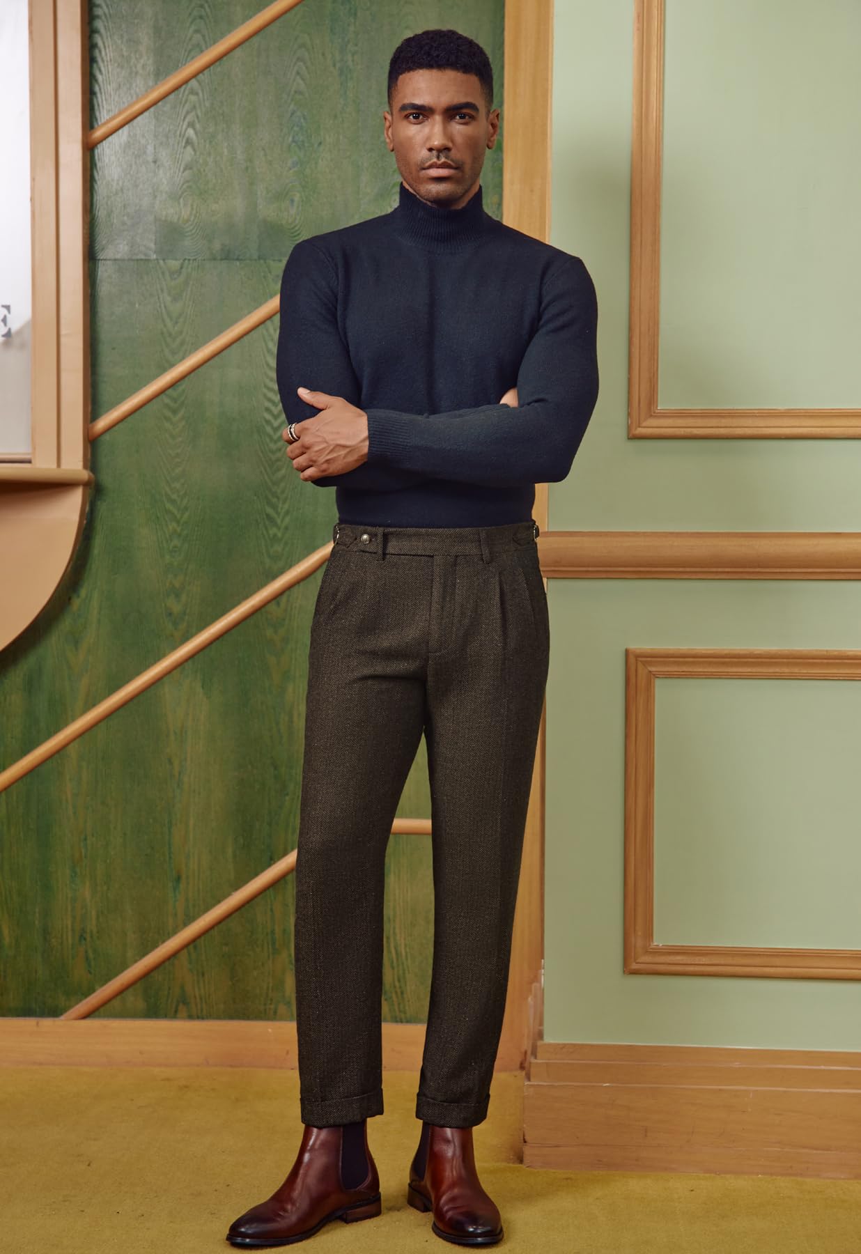 Mens Classic Italian Tweed Pants Double Pleated Adjustable Herringbone Trousers Brown