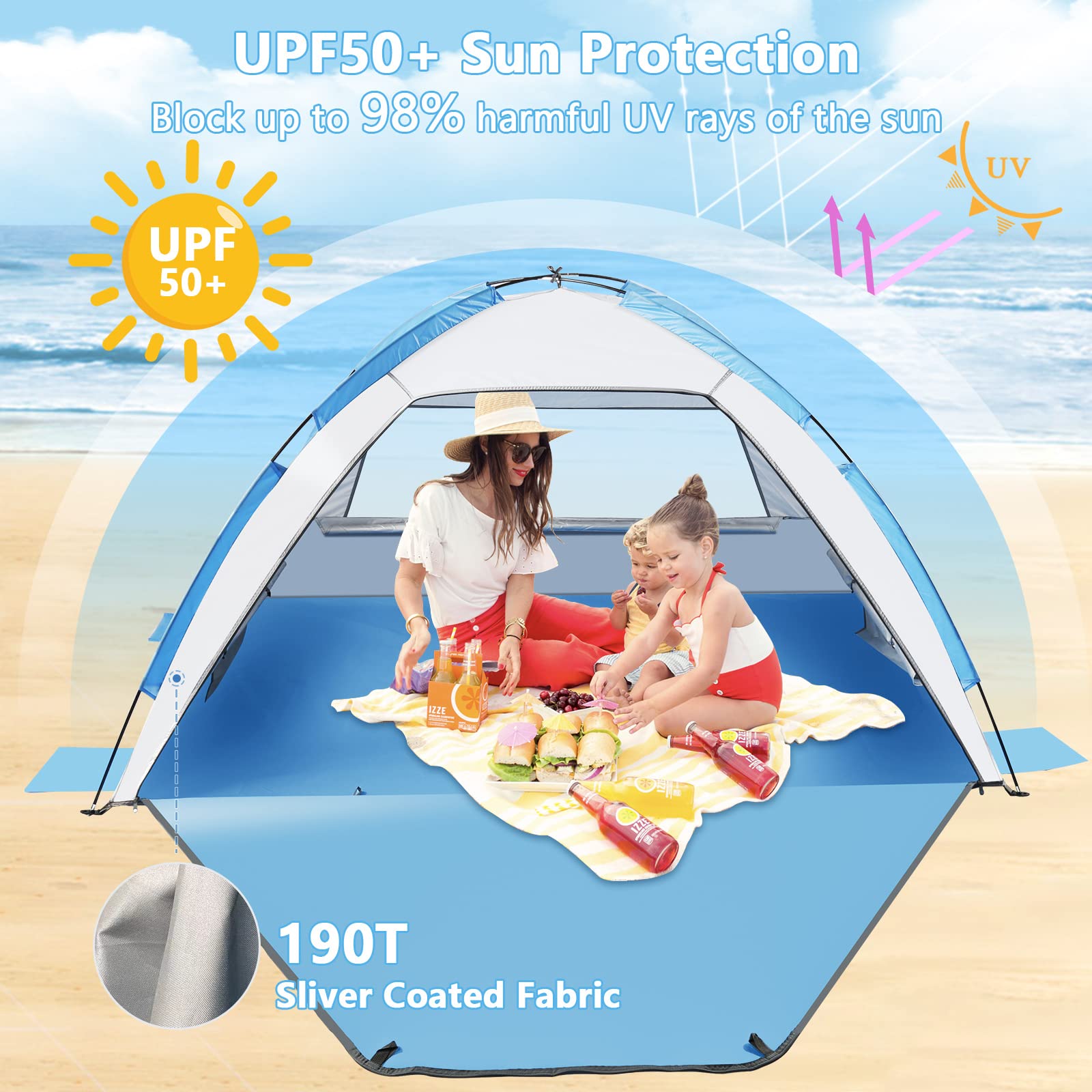 Weanas Beach Tent Sun Shelter, 3-4 Person Portable Sun Shade Shelter UV Protection Easy Setup Lightweight Beach Shelter Tent with Extended Floor & 3 Ventilating Roll Up Windows