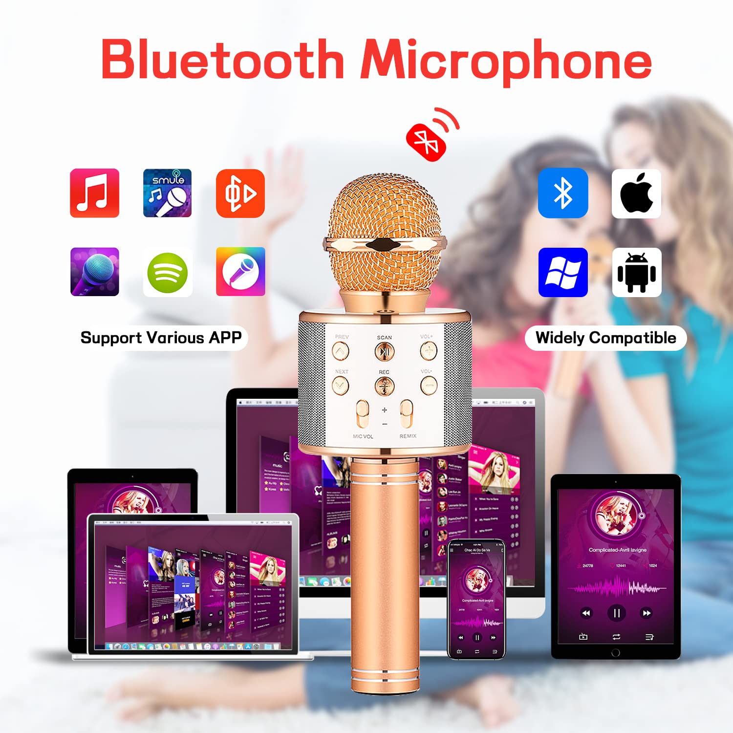 SJPRO 4 in 1 Portable Karaoke Microphone for Kids, Handheld Home Party Microphone with Magic Voice, Best Birthday for Kids, Suitable Android/iPhone PC and All Smartphone(Rose Gold)