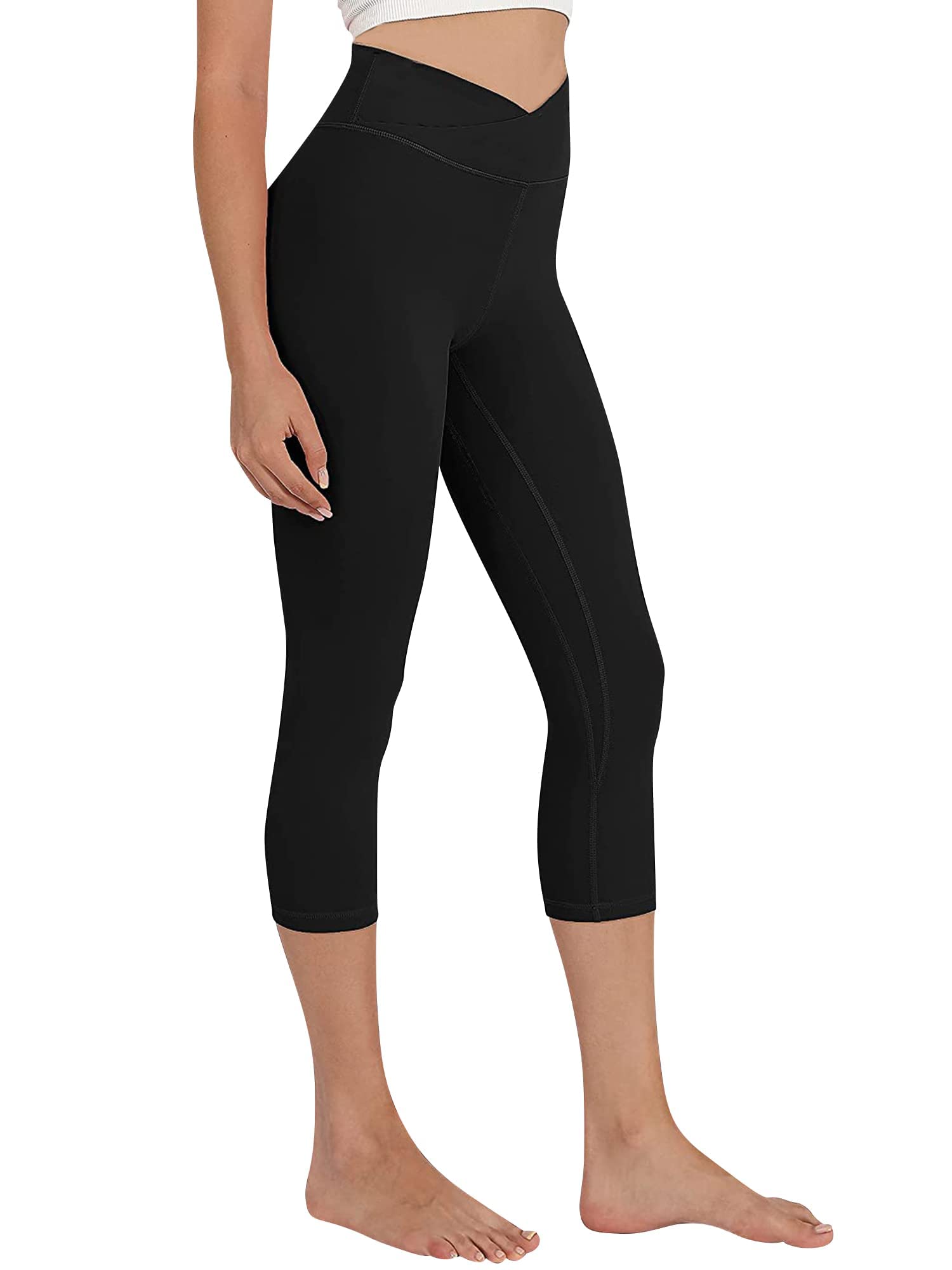 StarVnc Women's Crossover Flare High Waist Yoga Bootcut Wide Leg Pockets Pants Dress, Capri-black, Large