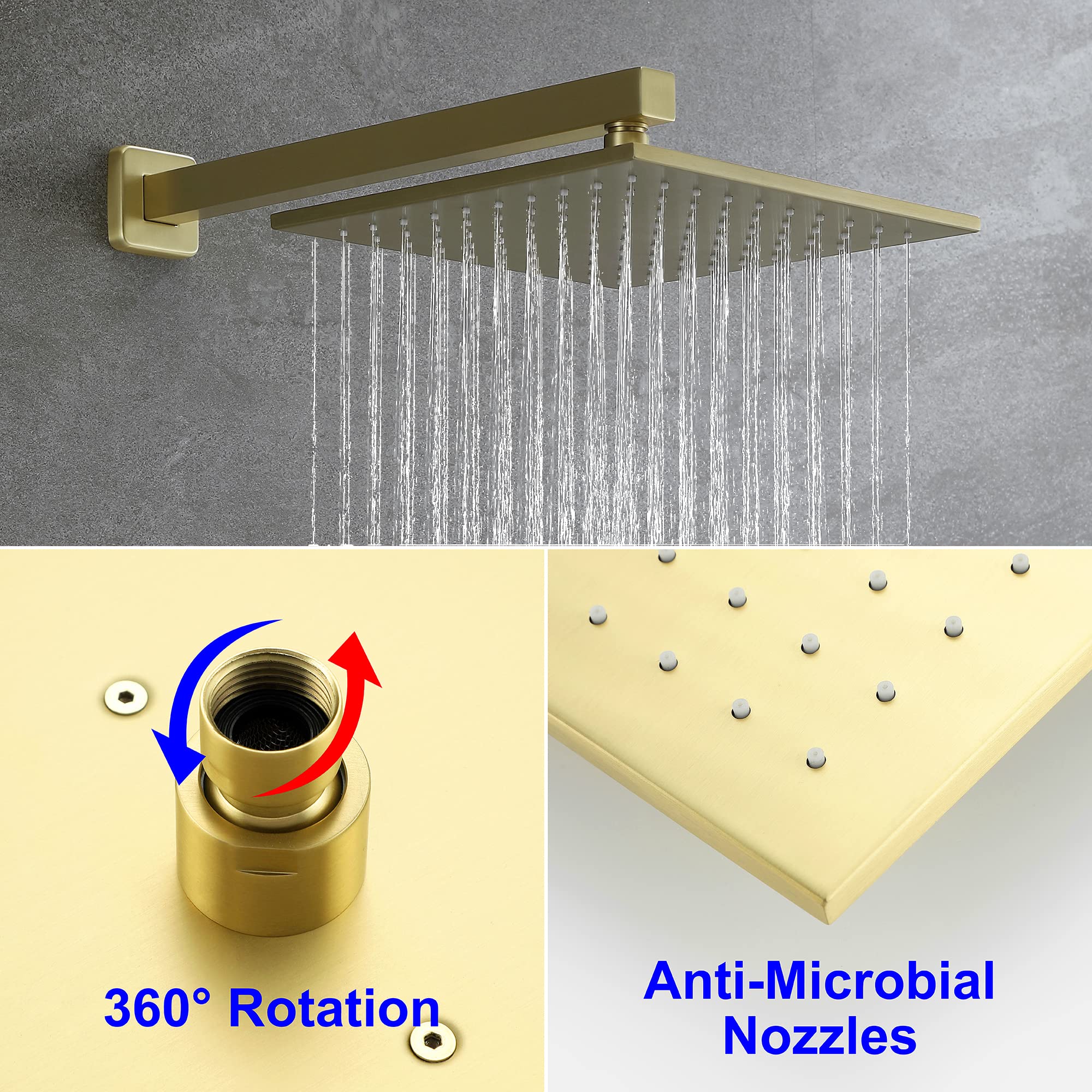 SHAMANDA Brass Rainfall Shower System, Luxuly Bathroom Shower Faucet Combo Set Brushed Gold(Including Rough-In Valve Body and Trim), L70001-3