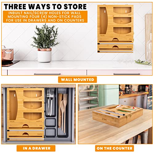 T3-R Foil and Plastic Wrap Organizer - 6-in-1 Bamboo Organizer Plastic Wrap Dispenser with Cutter for Kitchen Drawer - Best Use for Sandwich Bag, Aluminum Foil, Wax Paper and Plastic Wrap