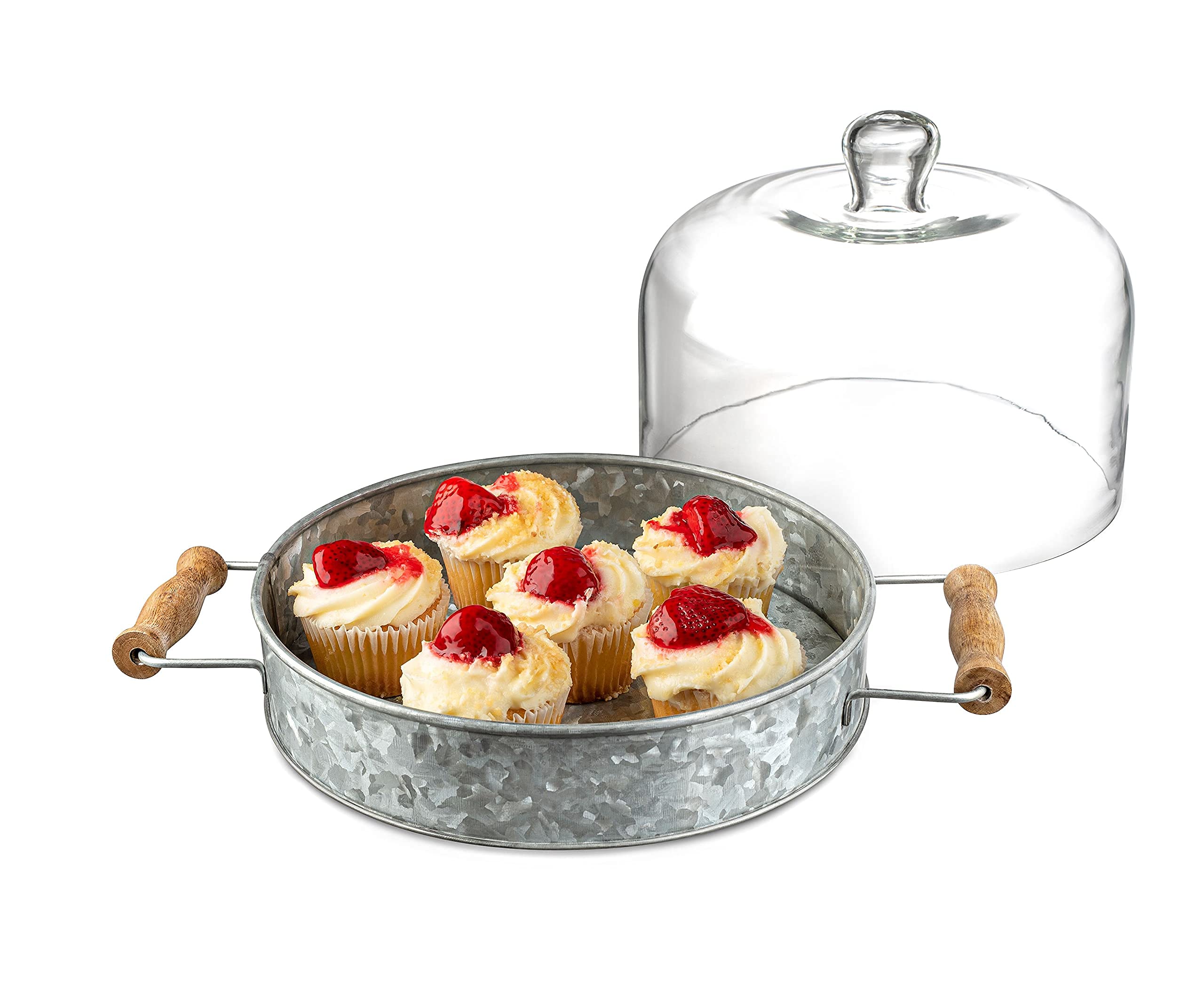 Royalty Art Farmhouse Cake Plate with Glass Dome, Rustic Kitchen and Dining Room Platter with Carry Handles, Galvanized Steel Base, Decorative Home Decor for Cupcakes and Pastries