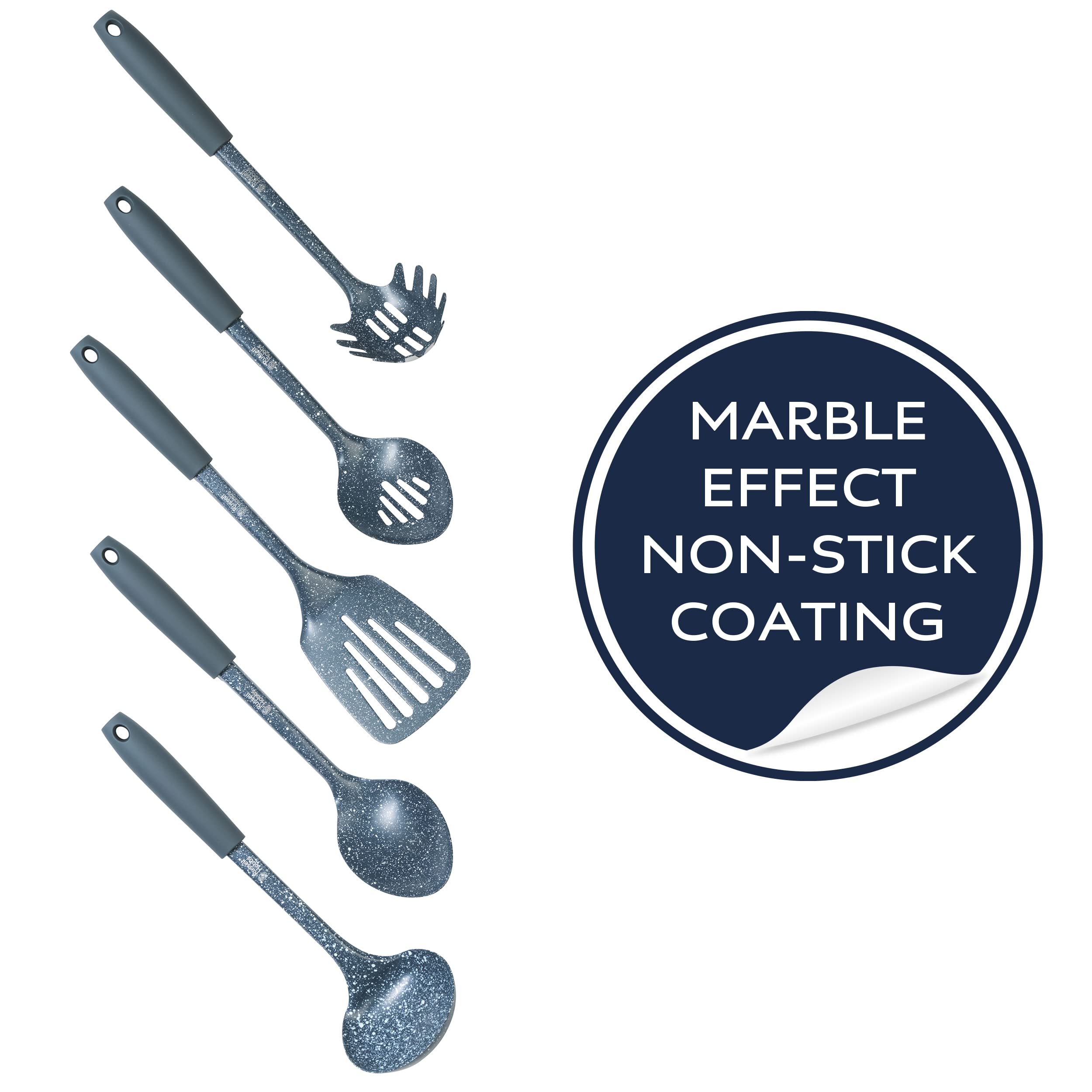 Russell Hobbs RH01401 5 Piece Kitchen Utensil Set, Stainless Steel, Non-Stick, Spatula, Spaghetti Server, Ladle, Slotted and Solid Spoon, Soft-Touch Handles, Nightfall Stone Collection, Blue Marble
