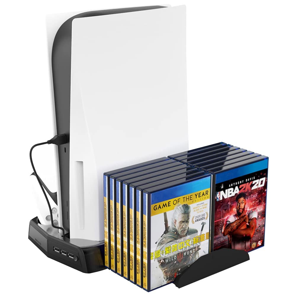 PS5 Cooling Fan Station Vertical Stand Accessories with Dual Controller Charger and 14 Retractable Game Card Storage