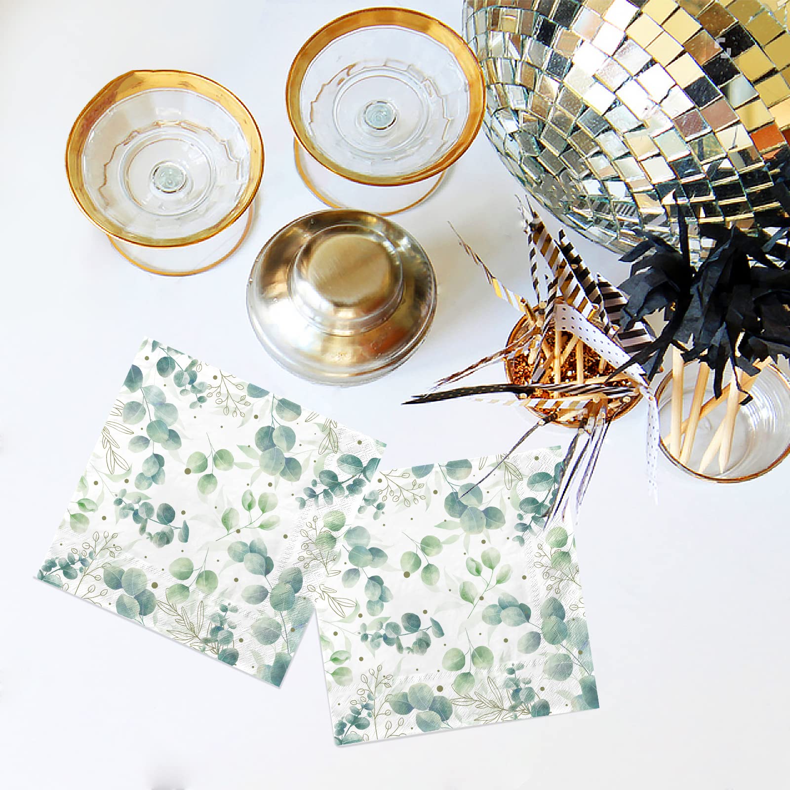 Sage Green Disposable Paper Napkins 3-ply Bathroom Eucalyptus Beverage Napkins for Sage Greenery Baby Shower Party Wedding Dinning Decor(5"X5" in, 80-Pack)
