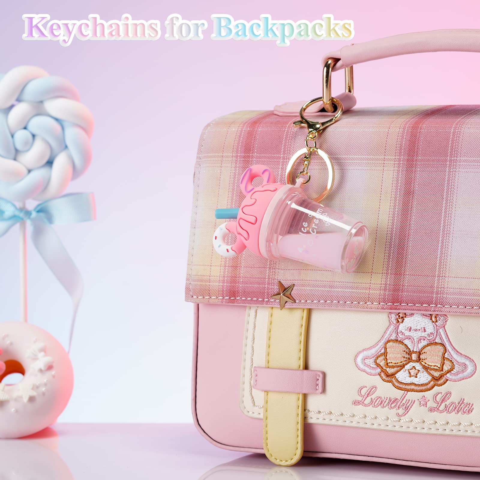 YOU WIZV Liquid Keychain, Kawaii Cute Donut Charms for Backpacks, Aesthetic Bubble Tea Boba Water Keychain for Girls, Kids,Women, Daughters, Boys(Pink Keychain)