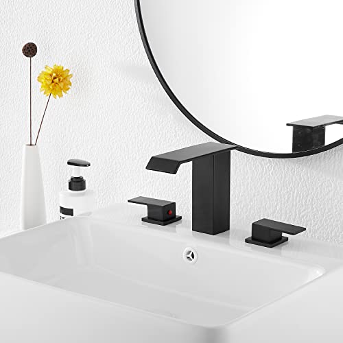 Waterfall Bathroom Faucet Matte Black Widespread GGStudy 3 Holes 2 Handle Black Modern Bathroom Sink Faucet with Pop Up Drain