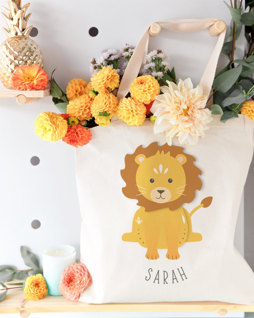 The Cotton & Canvas Co. Personalized Lion Beach, Shopping and Travel Resusable Shoulder Tote and Handbag for Kids, Teens and Adults