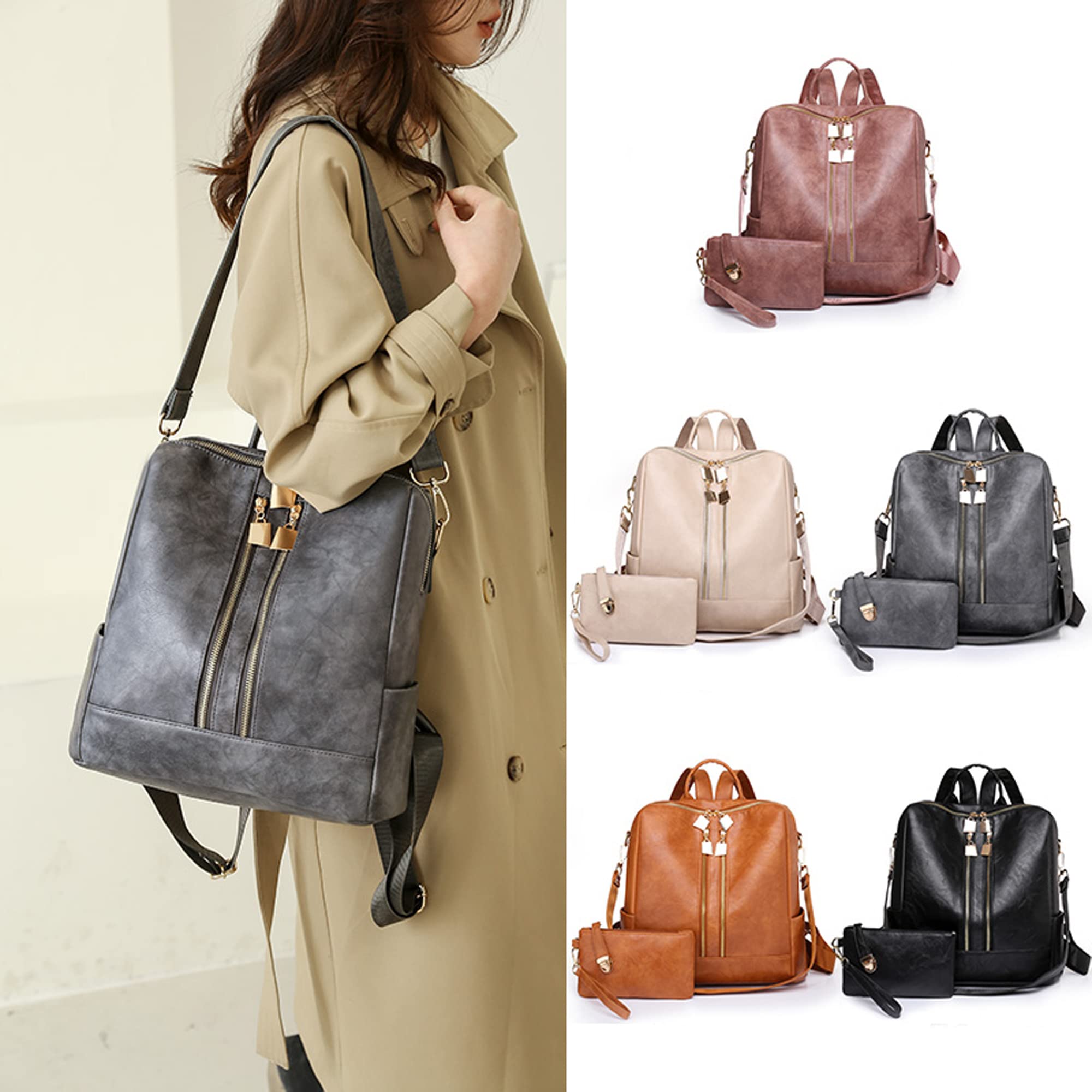 Women Fashion Backpack Purse,Leather Multipurpose Design Rucksack,Convertible Shoulder Bag Handbag with Wristlet (Grey1)