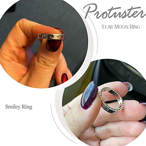 PROTUSTER Silver Knuckle Ring Star Moon Finger Rings Vintage Stackable Fashion Party Finger Ring Jewelry Accessory for Women and Girls