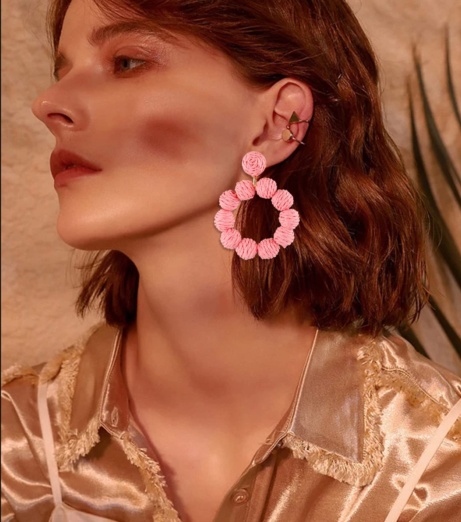 Statement Raffia Earrings for Women Boho Rattan Ball Hoop Dangle Earrings Handmade Bohemia Braid Straw Wicker Raffia Wrapped Drop Earrings Summer Beach Earrings Jewelry