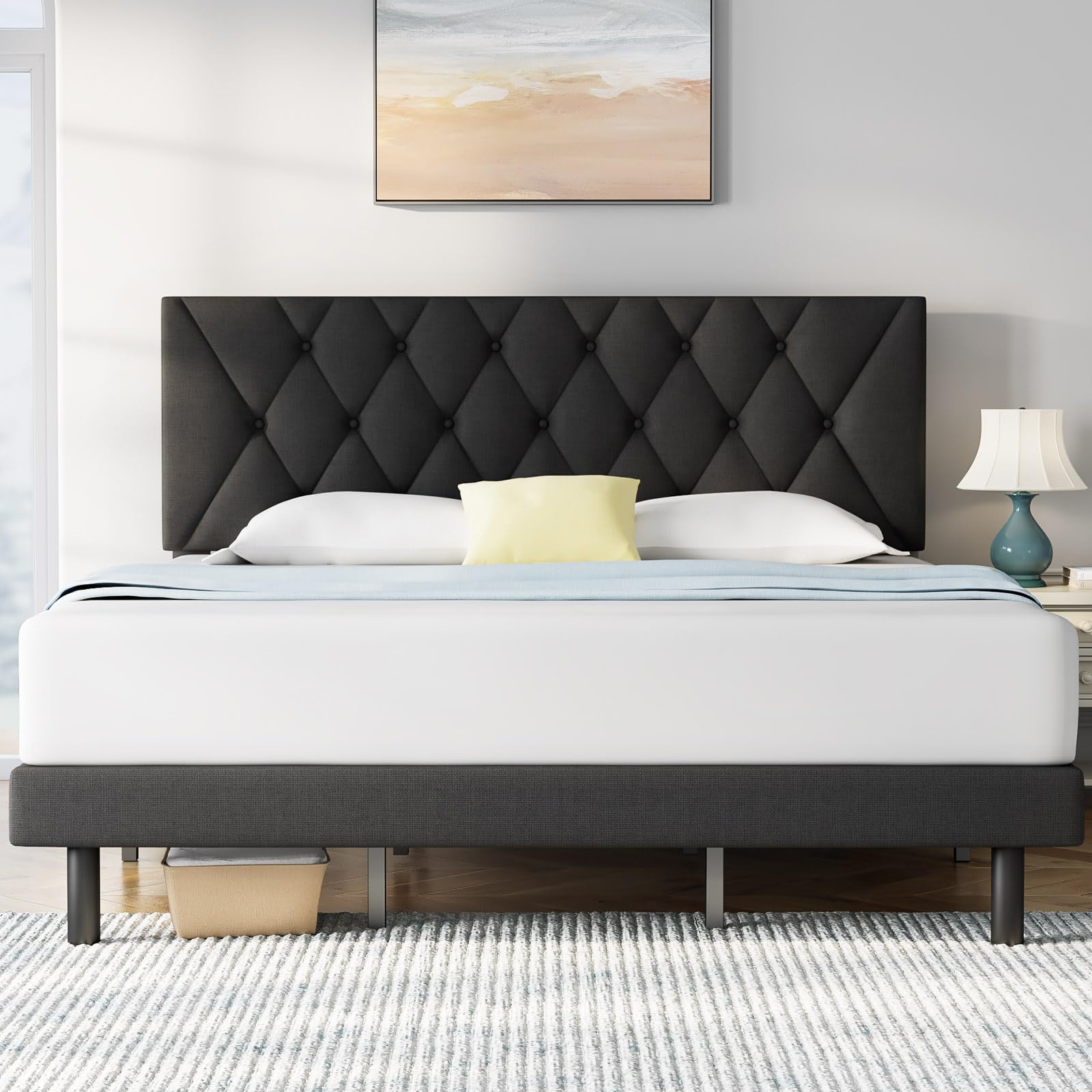 Molblly Queen Bed Frame with Adjustable Headboard, Linen Fabric Wrap, Strong Frame and Wooden Slats Support, No Box Spring Needed, Non-Slip and Noiseless, Easy Assembly, Black