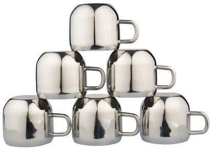 SS Ecom Set of 6 Stainless Steel Coffee Cups, Small Tea Cups with Stainless Steel Handle, Double Wall Espresso Cup Set - Silver, 3.5 oz