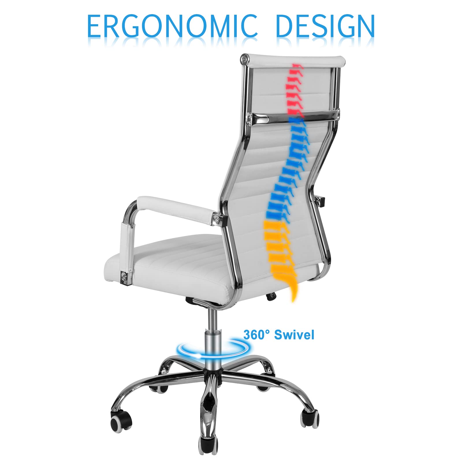 ONG Ergonomic Office Chair - Rolling Desk Chair High-Back White 360° Swivel Conference Executive Office Chair Adjustable Height and Armrest with Lumbar Support Task Computer Chair PU Leather