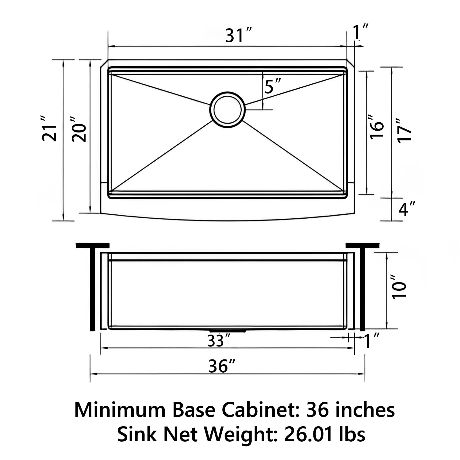 Sinber 33" x 21" x 10" Farmhouse Apron Single Bowl Workstation Kitchen Sink with 16 Gauge 304 Stainless Steel Satin Finish 6 Accessories KSS0004S-OK