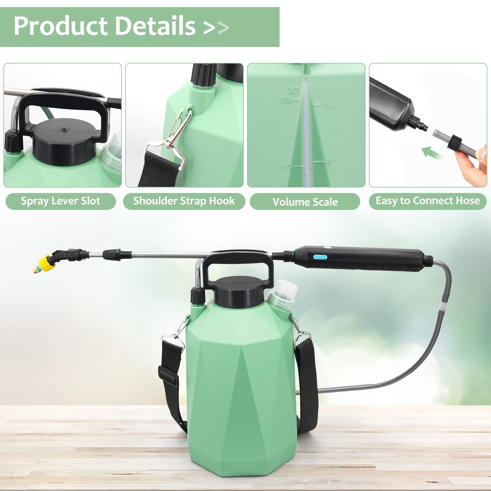 SideKing Battery Powered Sprayer 1.35Gallon/5L, Electric Garden Sprayer with USB Rechargeable Handle, Weed Sprayer with 3 Mist Nozzles, Telescopic Wand, and Shoulder Strap for Lawn and Garden