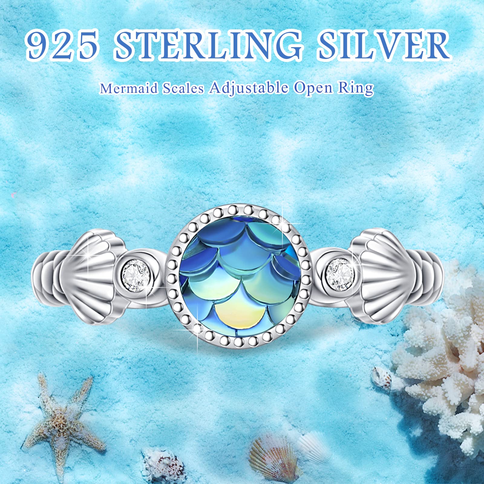 Sea Shell Ring Mermaid Scale Ring 925 Sterling Silver Adjustable Mermaid Rings Seashell Jewelry Gifts for Women