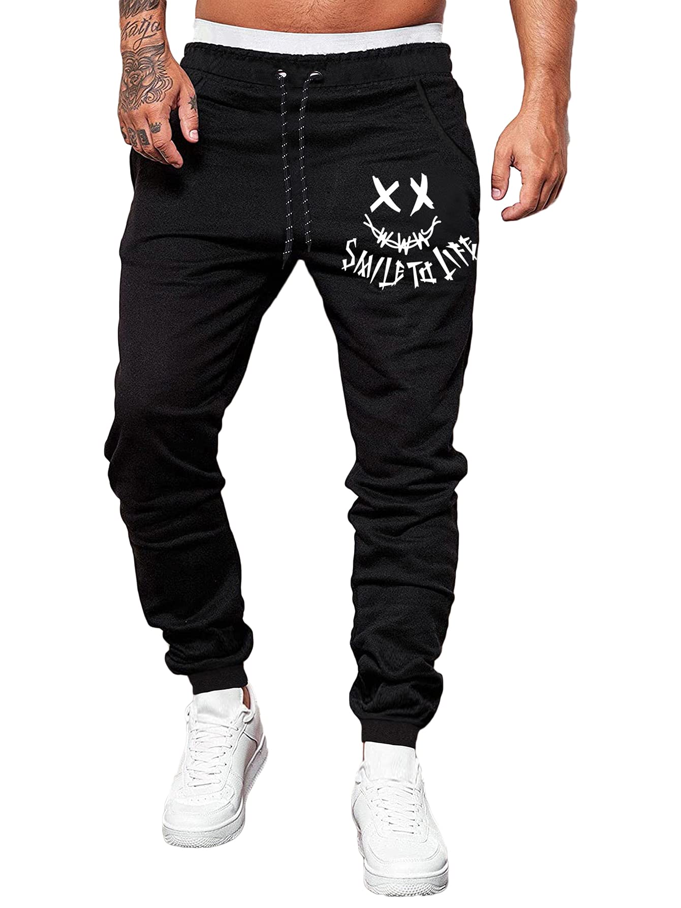 Romwe Men's Graphic Sweatpants Athletic Running Gym Jogger Pants with Pocket Black L