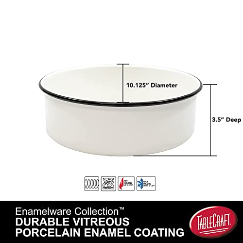 TableCraft Products Enamelware Collection Black Rim Solid White Enamel Deep Bowl Baking Pan, Camping, Farmhouse, Porcelain Over Steel, Vintage, Boho, Retro, 10.13" Round, 3.6" Deep, Set of 4 (80017)