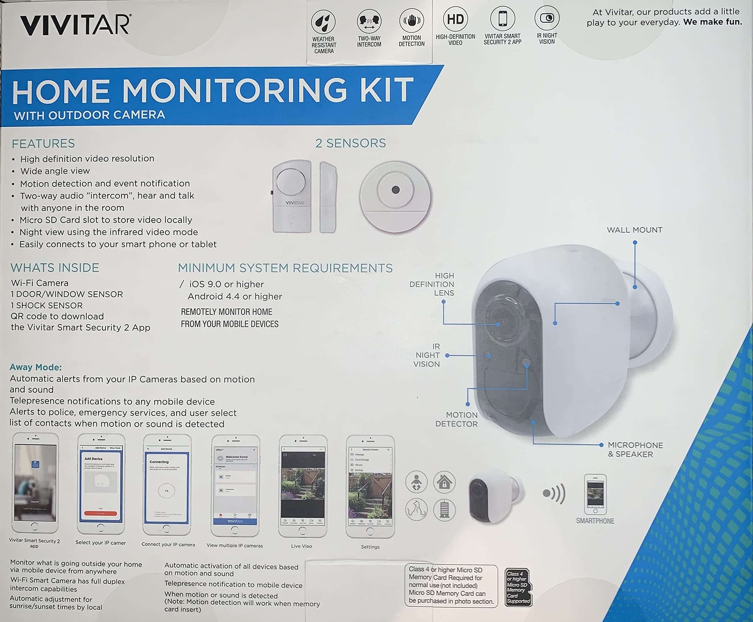 Vivitar Home Monitoring Kit Wi-FI Outdoor Smart Camera Door/Window & Shock Sensor IPC-570