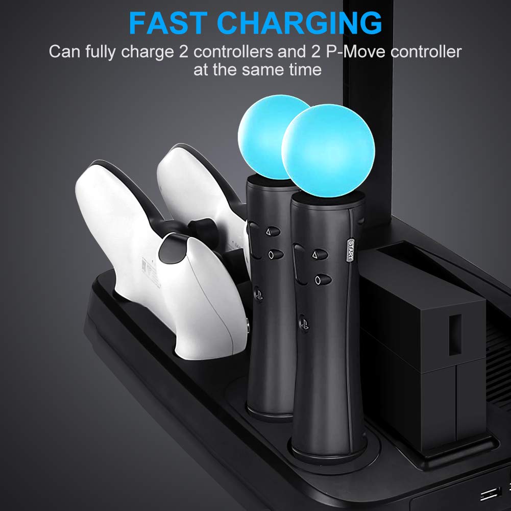 PS5 Charging Stand for Playstation 5/PS5 Ultra HD with Cooling Fan/P-Move Controller Charger/P-VR 1/2 Converter Storage Stand,PS5 Vertical Station Dock with 4 Controller Chargers Game Storage