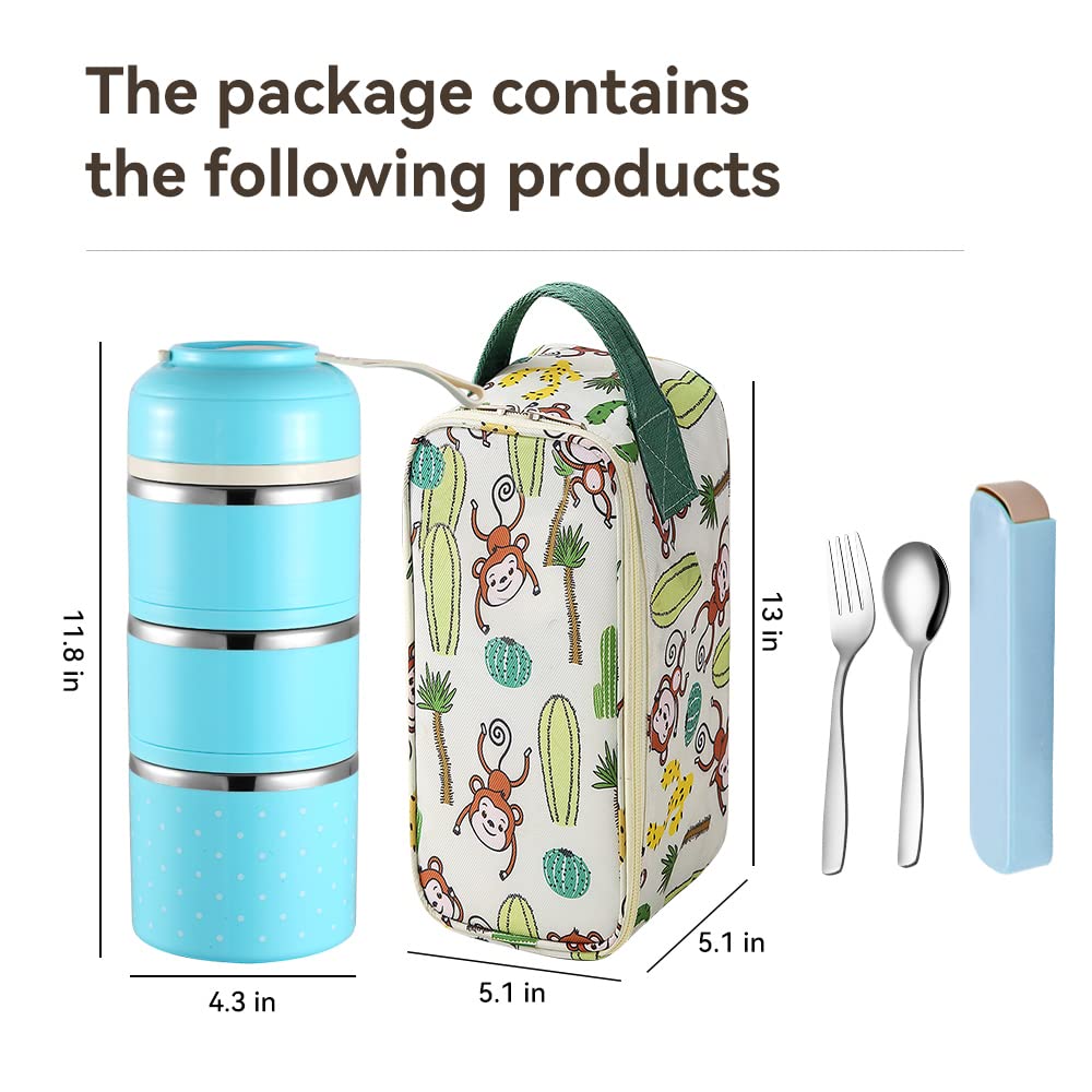 TiLeMiun 3-Tier Thermal Lunch Box For Food, Portable Insulated Lunch Container, Stackable Bento Lunch Box For Aldults To Work, Leakproof Stainless Steel Food Container With Bag & Utensils (Blue 71oz)
