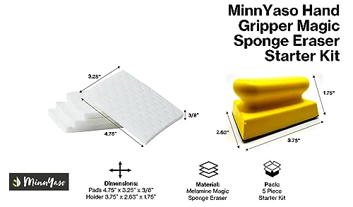 MinnYaso Hand Gripper Magic Sponge Eraser Starter Kit | Kit Includes 1x Hand Gripper Holder & 4X 4.75” L x 3.5” W x 3/8” Extra Thick – 3X Durability Magic Sponge Eraser Pads