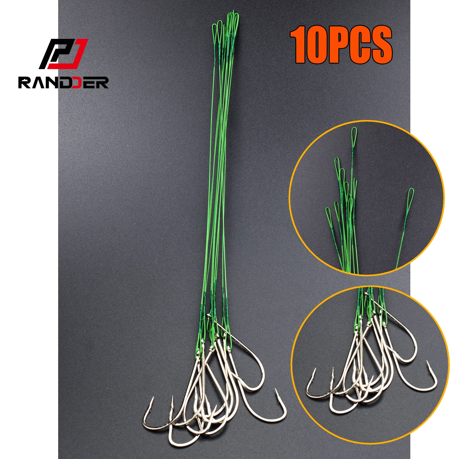 RANDDER Fishing Hook Snelled Nylon Wire Leader Stainless Steel Fishing Rigs Hooks (Nylon Wire(Pack of 10))