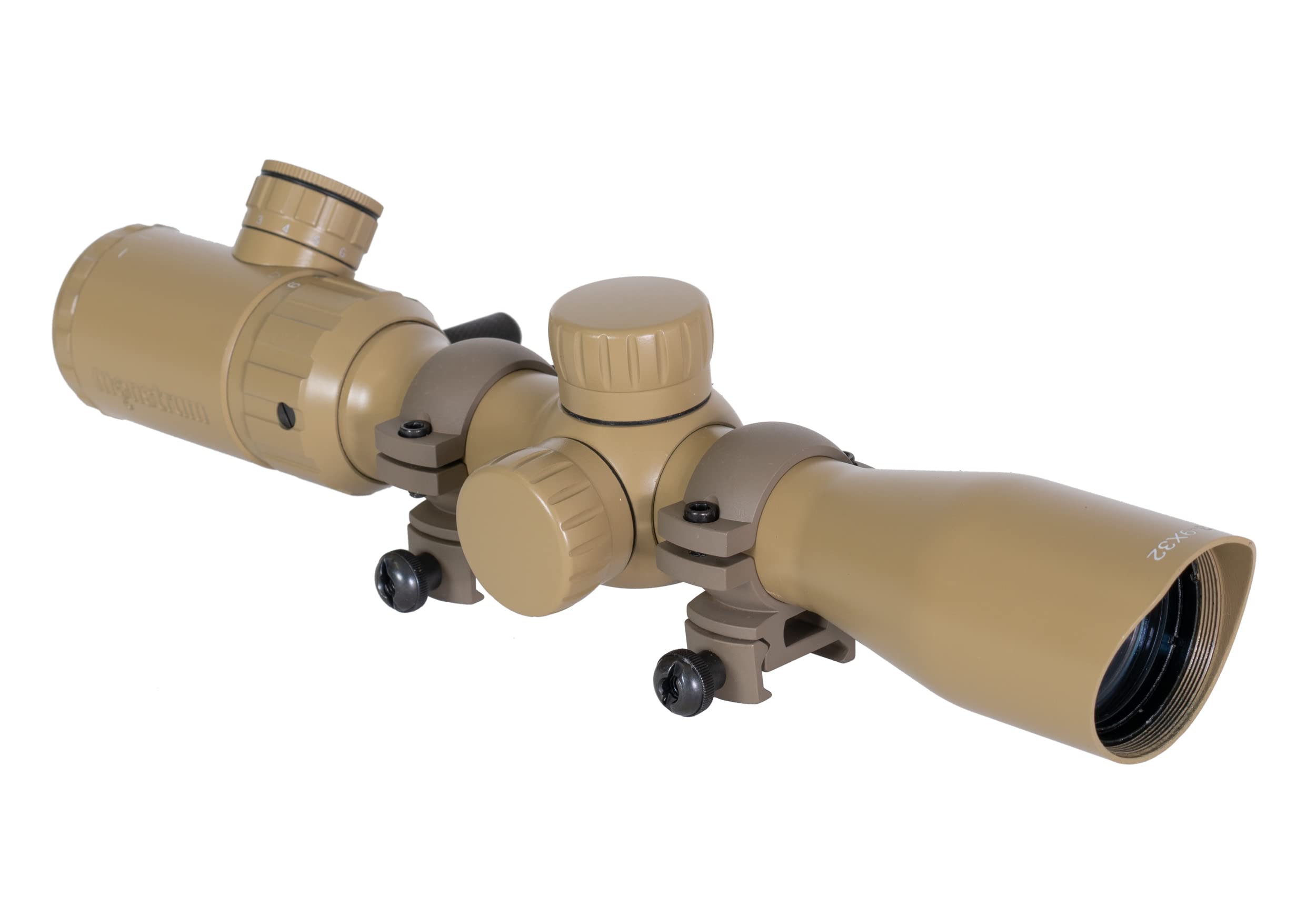 Monstrum 3-9x32 Rifle Scope with Rangefinder Reticle and High Profile Scope Rings | Flat Dark Earth