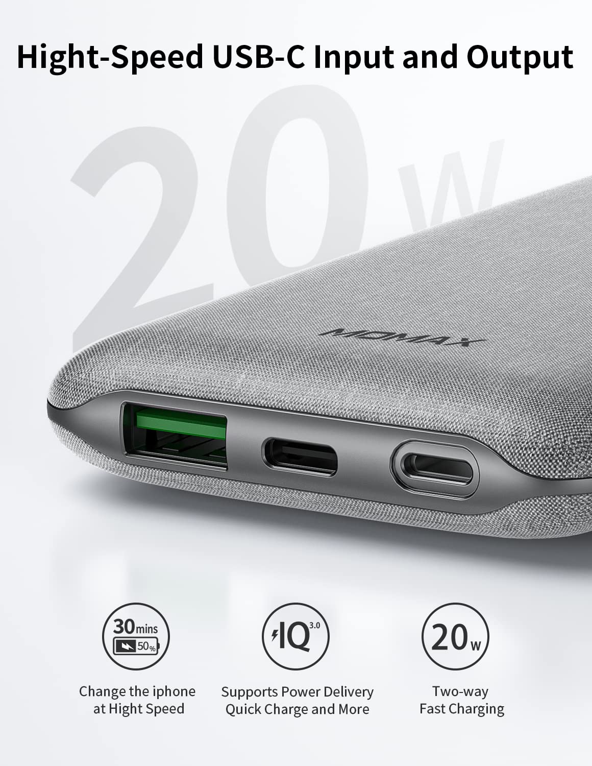 MOMAX Wireless Portable Charger, 10000mAh MFi Q.Power Touch Power Bank Lightning Input 20W PD&QC External Battery Pack 2 Input+3 Output Phone Charger for iPhone, Airpods, Samsung, Android (Light Grey)