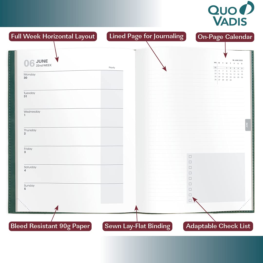 Quo Vadis 2023-2024 Note 21 Weekly Planner 17 Months, Aug. to Dec. 6" x 8 1/4" Smooth Faux Leather Billy Green - A Modern Design for Journaling and Detailed Planning