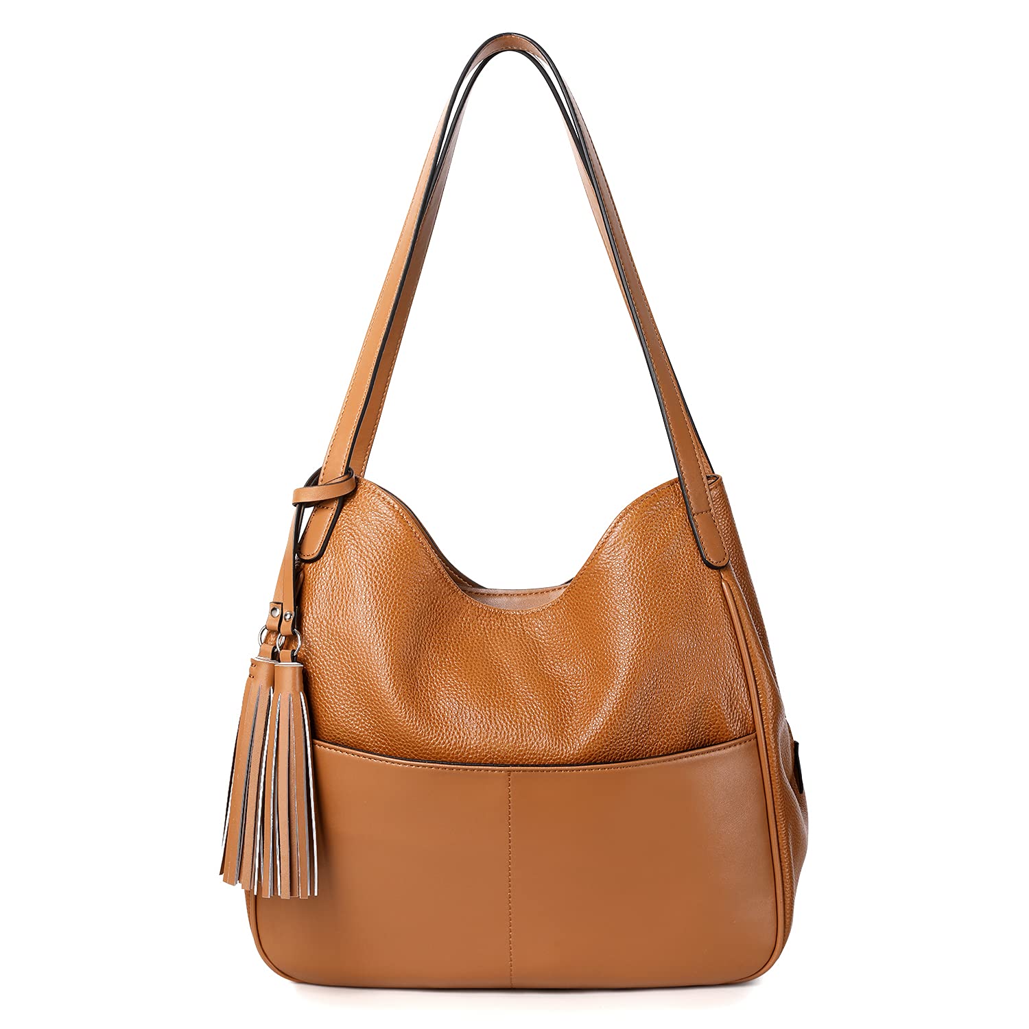 S-ZONE Women Shoulder Bag Leather Hobo Purses Medium Handbags Multi-pocket Tote with Tassel