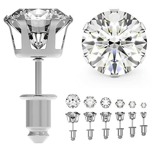 Set of 6 Cubic Zirconia Stud Earrings, Hypoallergenic Stainless Steel CZ Earrings (8-3 mm, Silver)