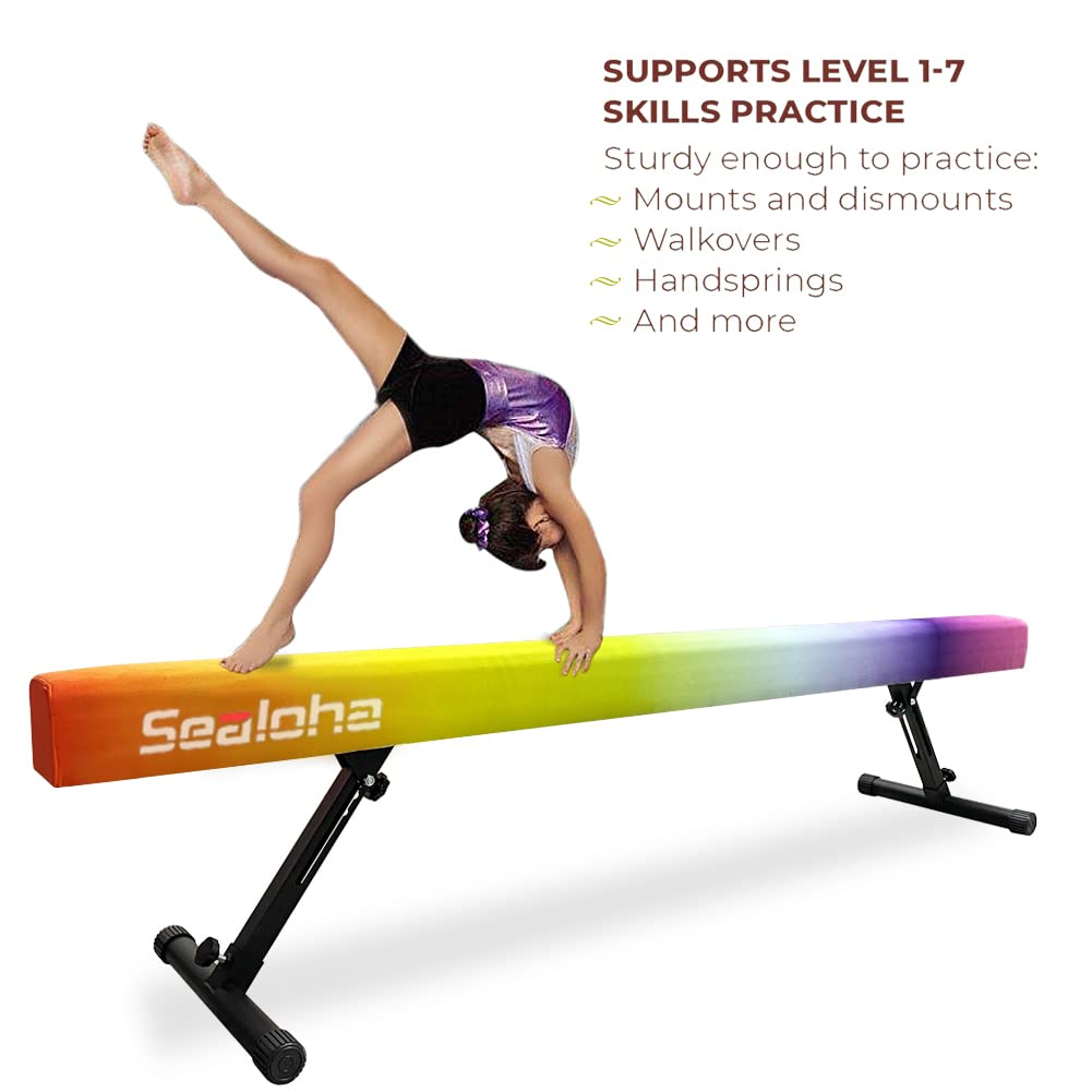 Sealoha 8ft Adjustable&Foldable Balance Beam,High-Low Floor Beam Suede Gymnastics Equipment,No Tool Require,Gymnastics Beam for Training,Physical Therapy and Professional HomeTraining (Rainbow)