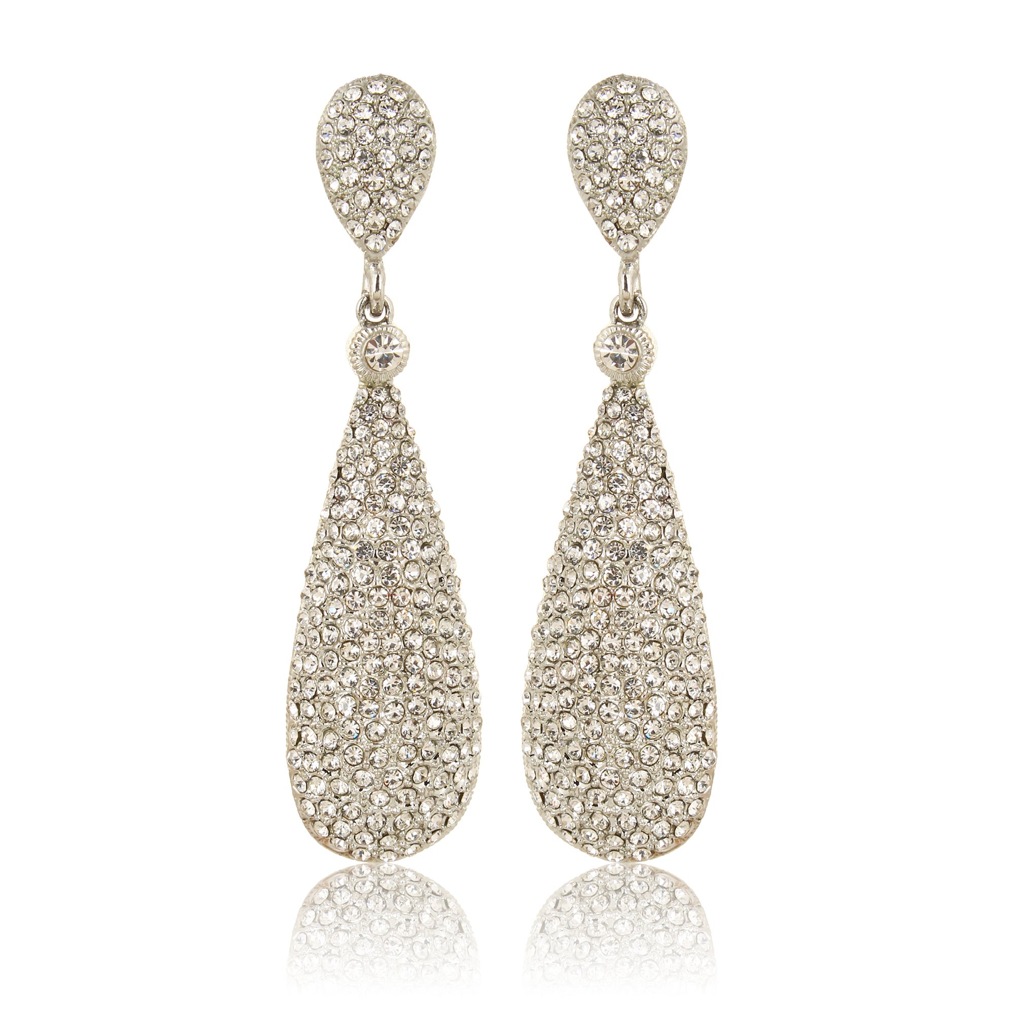 Moonstruck Costume Jewelry Diamond Studded Metal Drop and Dangle Crystal Teardrop Earrings for Women Wedding Party(Silver)