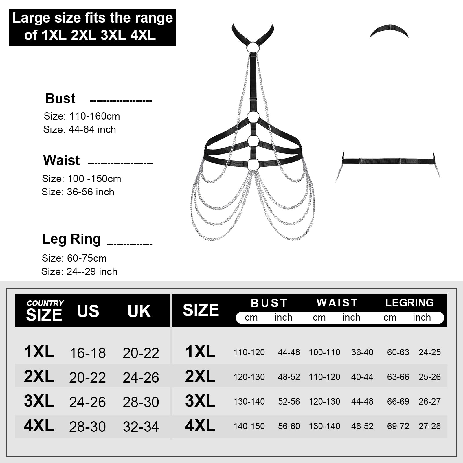 Women Plus Size Body Chain Full Body Hollow Out Harness Bra Punk Gothic Festival Rave Set (Black)
