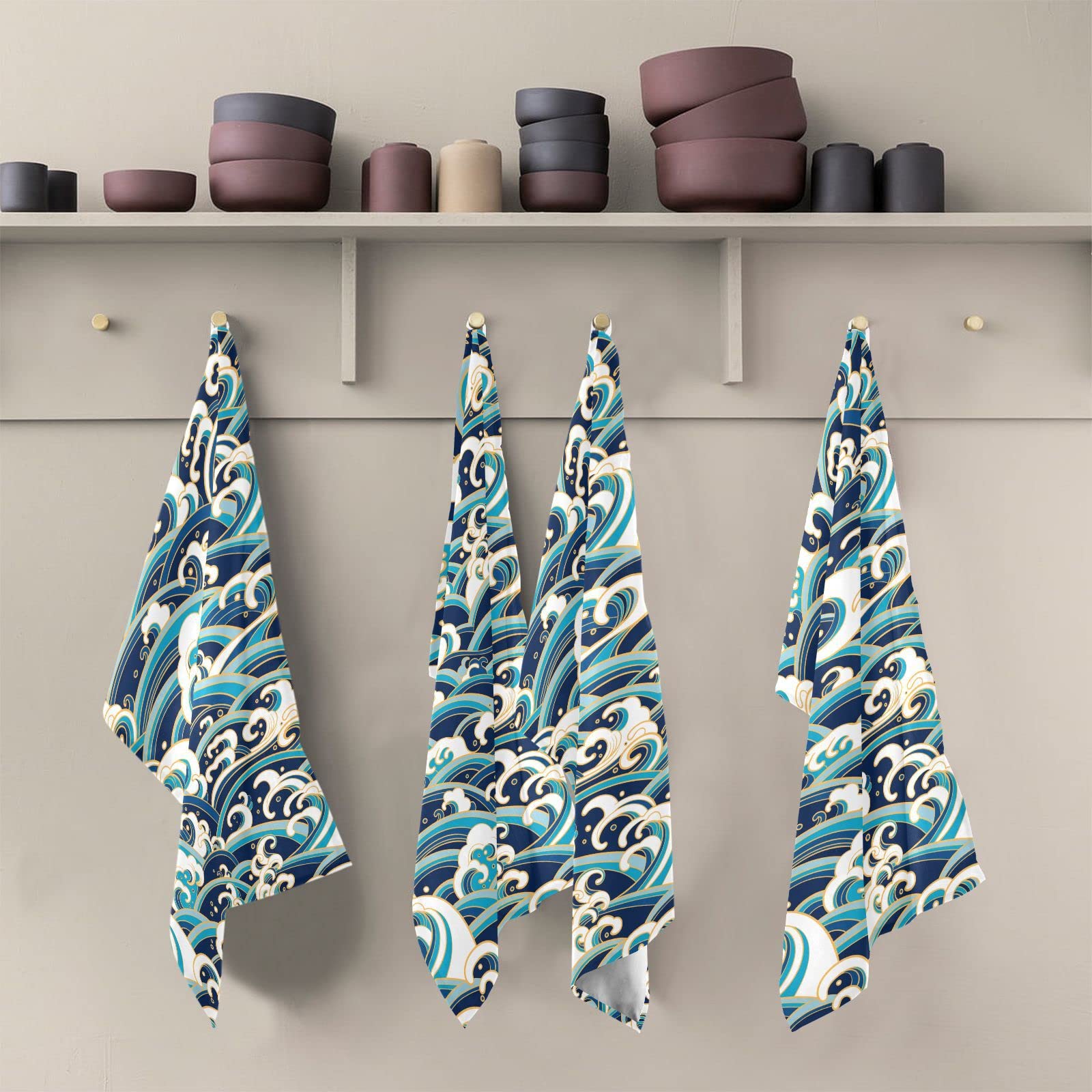sletend Kitchen Towels or Tea Towels Japanese Style Sea Wave 28x18in Polyester Material Dish Towels or Dishcloths with Hanging Loop, Set of 1 Hand Towel for Dining Table Kitchen.