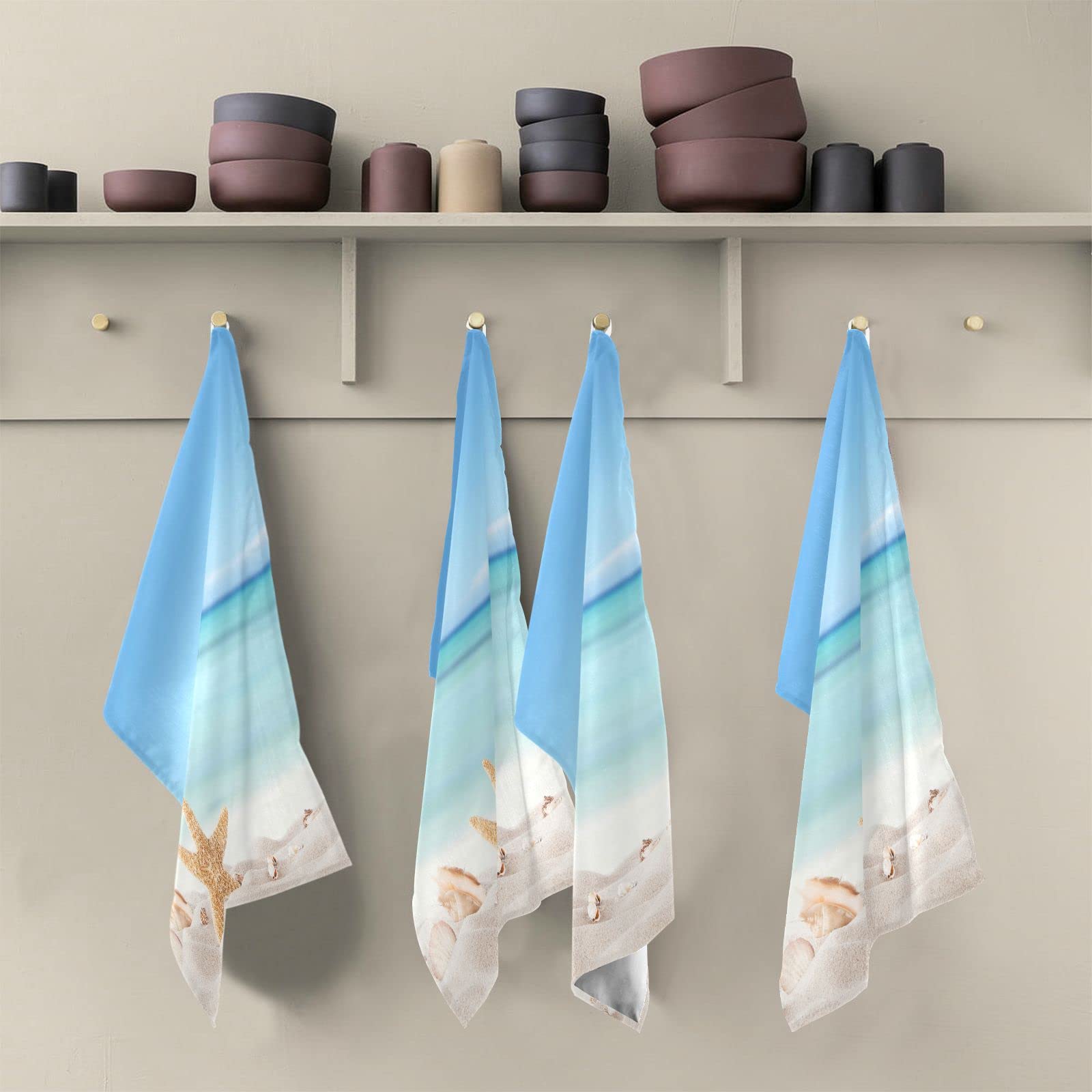 SLHKPNS Summer Starfish Kitchen Dish Towel Set of 4,Seashell San Beach 18x28in Absorbent Dishcloth Reusable Cleaning Cloths for Household Use