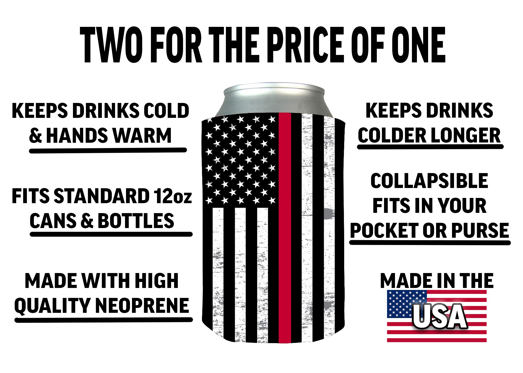 Thin Red Line Flag Collapsible Beer Can Bottle Beverage Cooler Sleeves 2 Pack Gift For Firefighter Fire Fighter