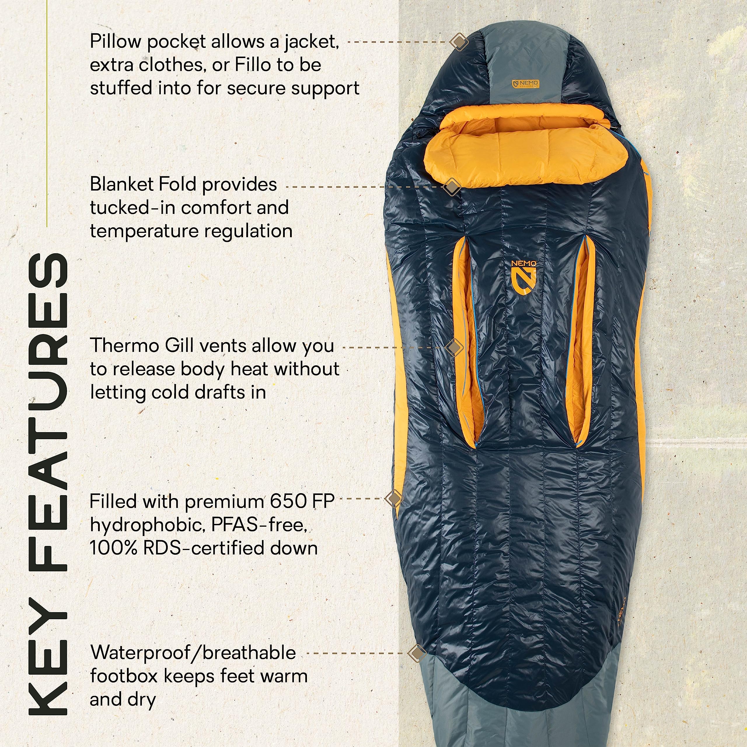 NEMO Disco Sleeping Bag | Plush Down Backpacking Sleeping Bag for Side Sleepers, Mens 15 Long
