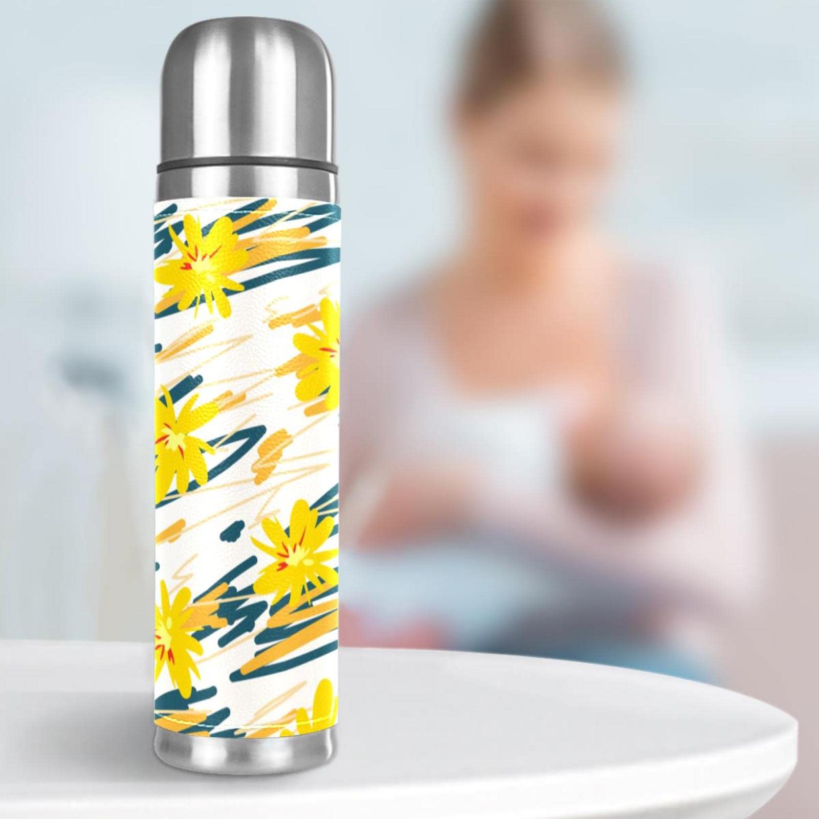 Stainless Steel Leather Vacuum Insulated Mug Yellow Flower Thermos Water Bottle for Hot and Cold Drinks Kids Adults 16 Oz