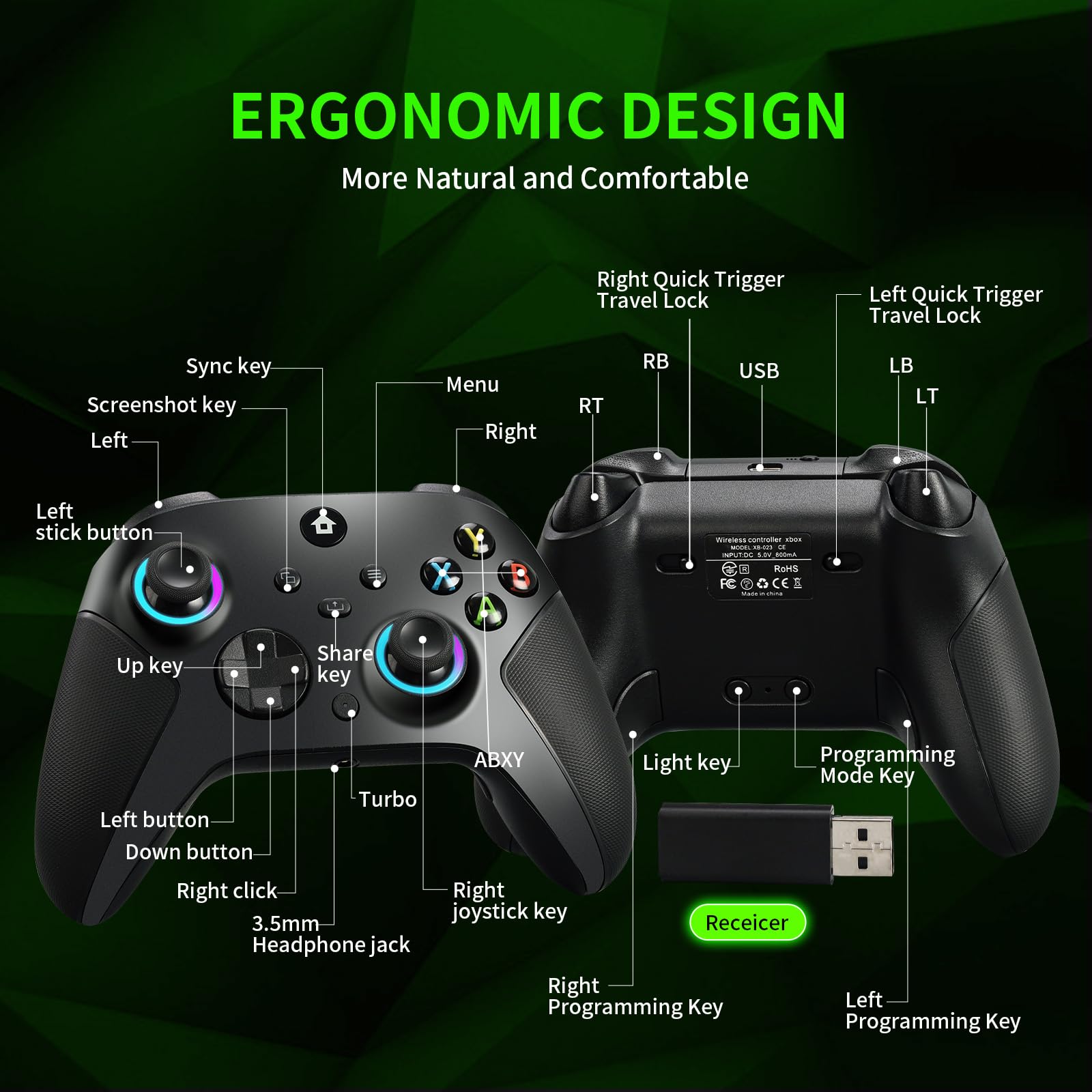 TECTINTER Xbox One Controller Wireless, 2.4GHZ Game Controller Compatible with Xbox One/One S/One X/One Series X/S/Elite/PC Windows 7/8/10/PS3, Built-in Dual Vibra