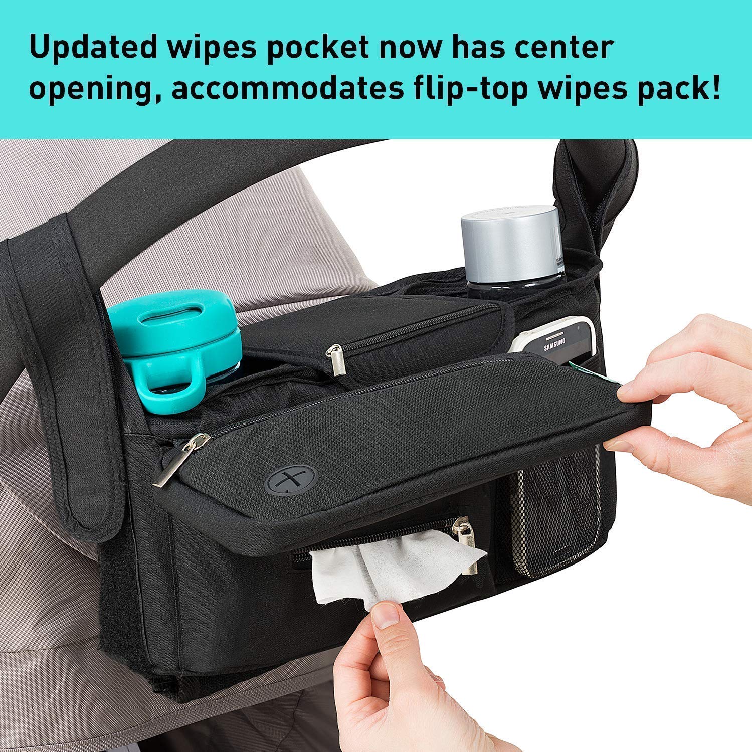 Non Slip Stroller Organizer + Hand Sanitizer Holder Keychain Bundle by Swanoo