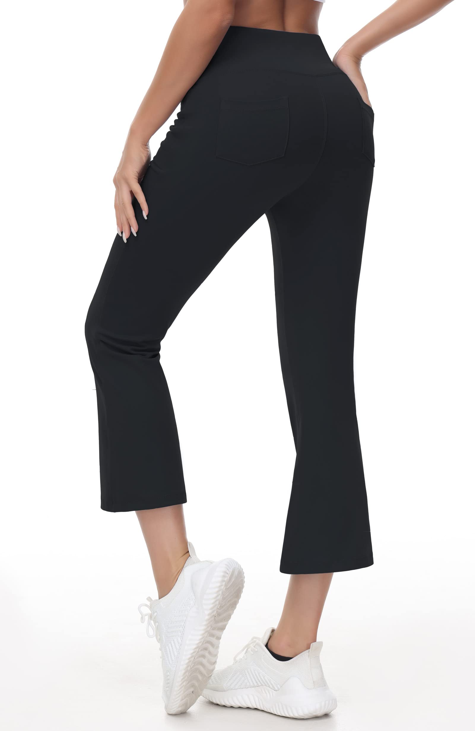 THE GYM PEOPLE Women's Boot Cut Yoga Capris Pants High Stretch Workout Wide Leg Crop Leggings 4 Pockets Black