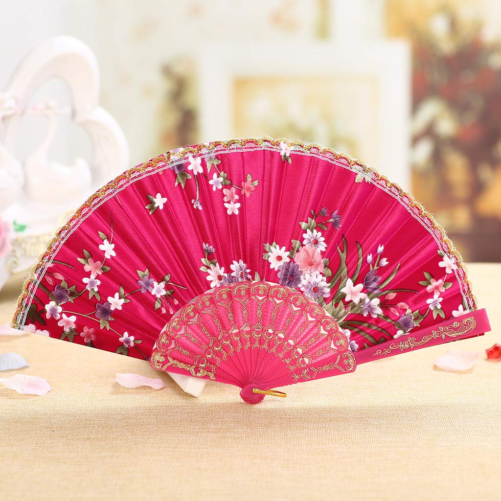 TEEGUI Flower Hand Style Dance Wedding Folding Silk Chinese Fan Lace Held Party Fans Wall Mounted Fans Oscillating Quiet (Hot Pink, One Size)