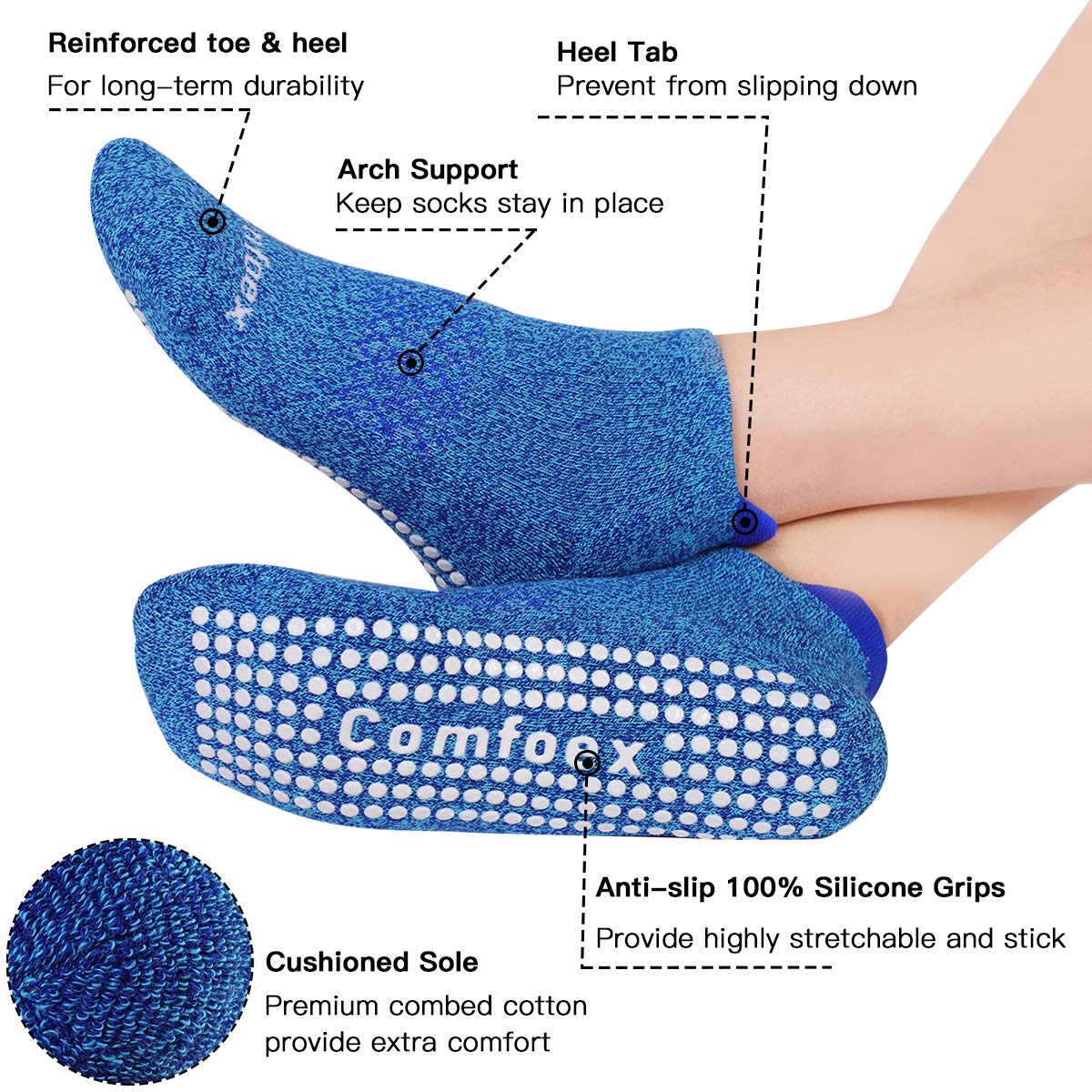 Non Slip Yoga Socks Women 3 Pairs Cushioned Sole Grip Socks