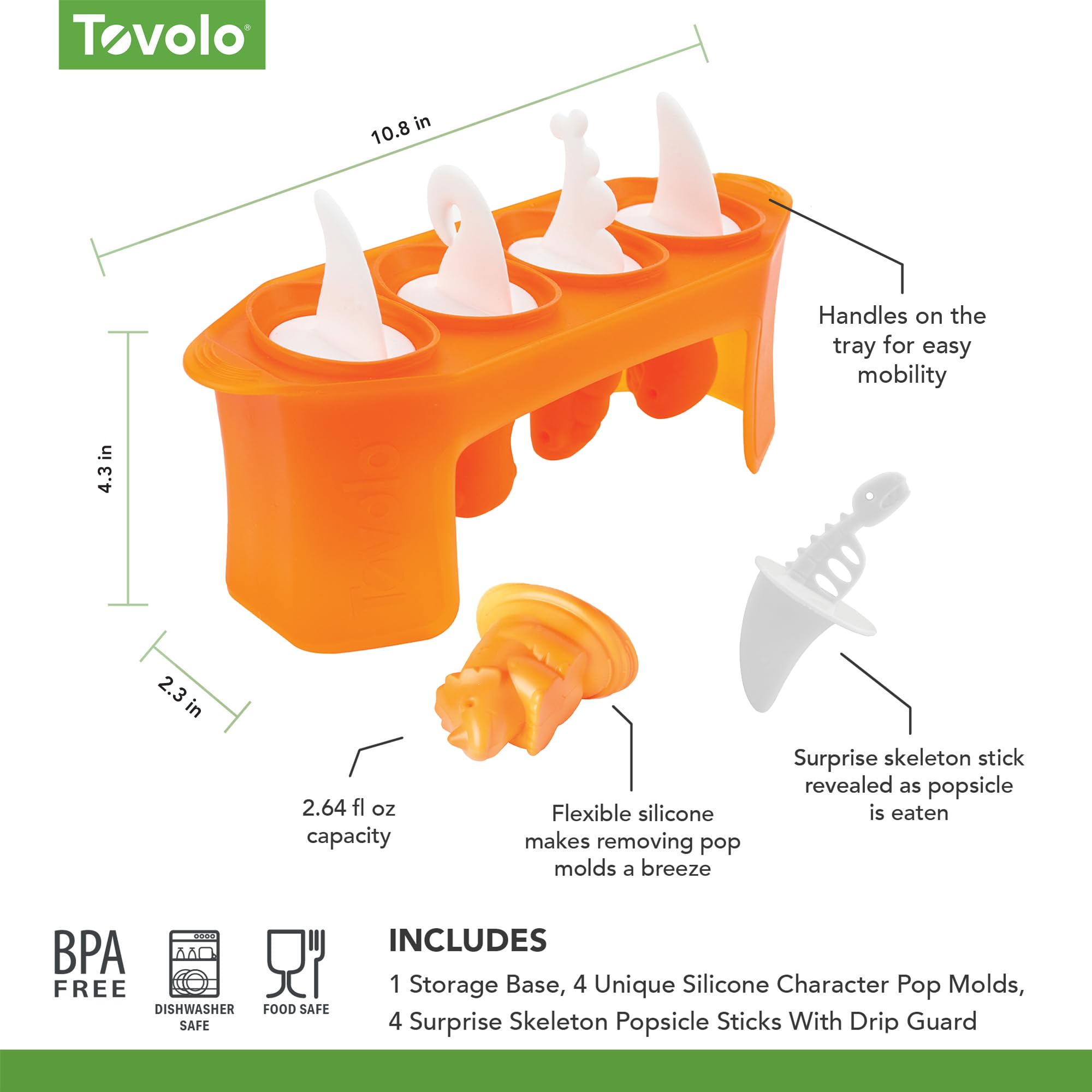 Tovolo Silicone Popsicle Molds with Sticks (Dino) - Ice Pop Molds with 4 Cavities for Homemade Flavored Ice Pops & Frozen Snacks - Popsicle Maker with Drip-Guards, Dishwasher Safe & BPA-Free