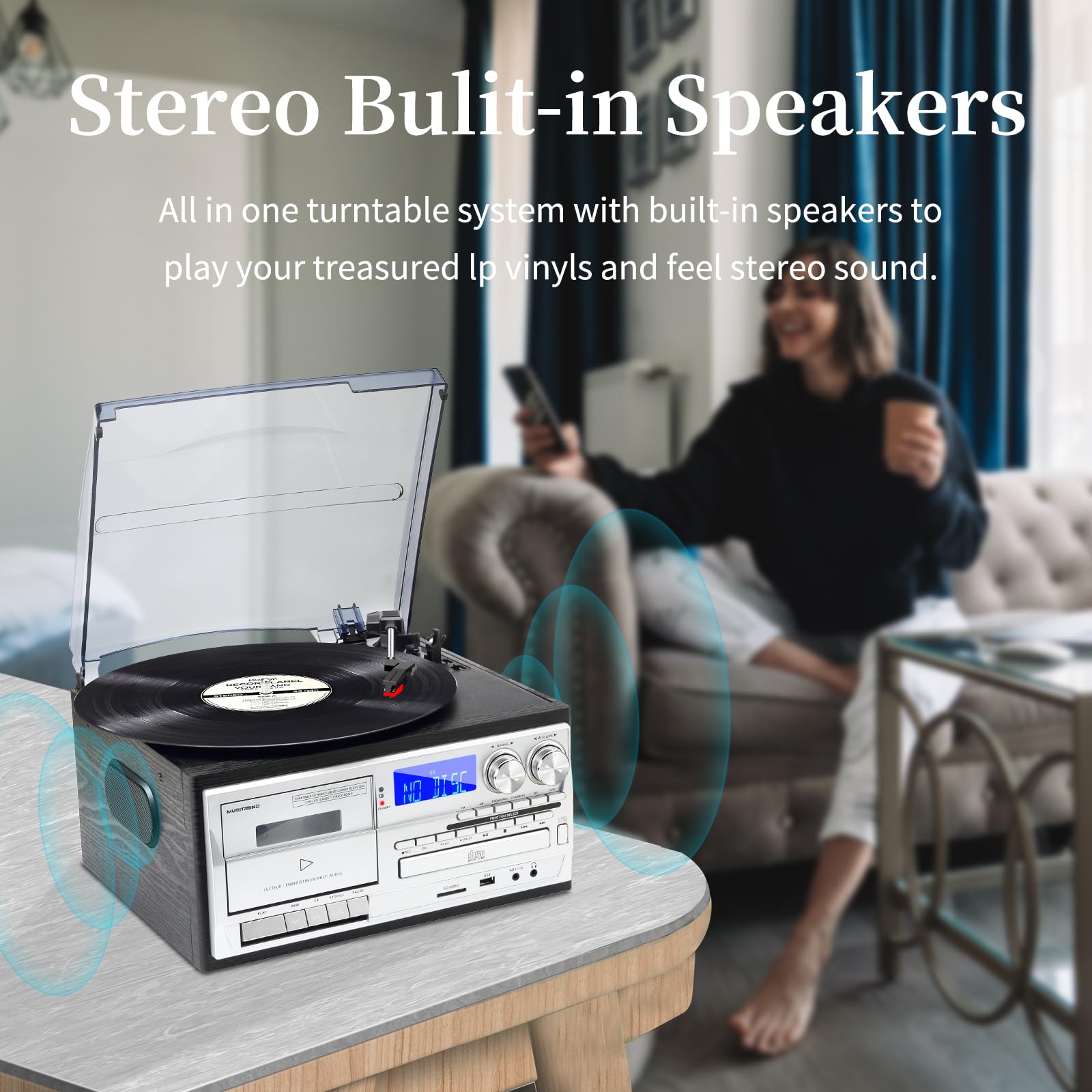MUSITREND 9 in 1 Record Player 3 Speed Vinyl Turntable with Bluetooth AM FM Raido Cassette CD USB SD Play Bulit-in Stereo Speakers Aux in RCA Line Out (Black)